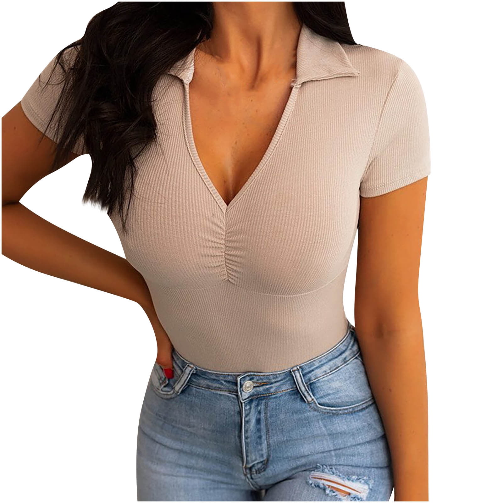 Sexy Tops For Women Summer Solid Color V Neck Short Sleeve Shirts