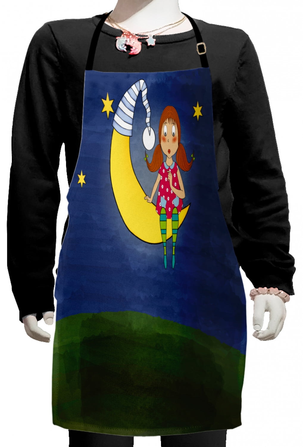 Moon Kids Apron, Cartoon Girl with Pigtails on Moon Stars Motivational ...