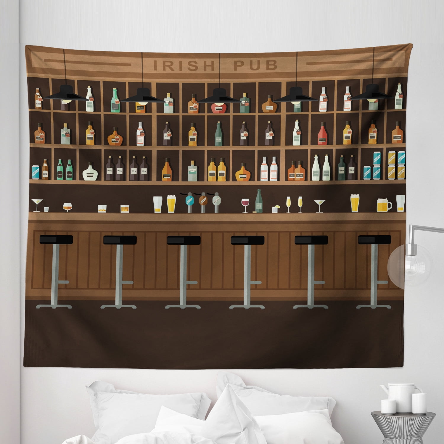 Irish Pub Tapestry, Cartoon Illustration of Bar Restaurant with Stools ...