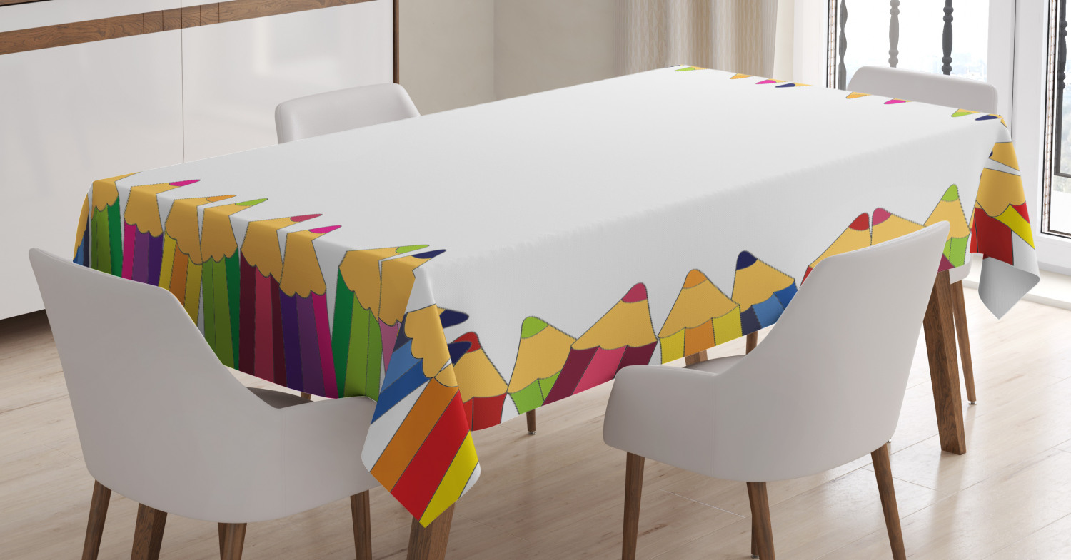 Kids Party Tablecloth, Frame of Colorful Pencils Fun School Time Theme ...