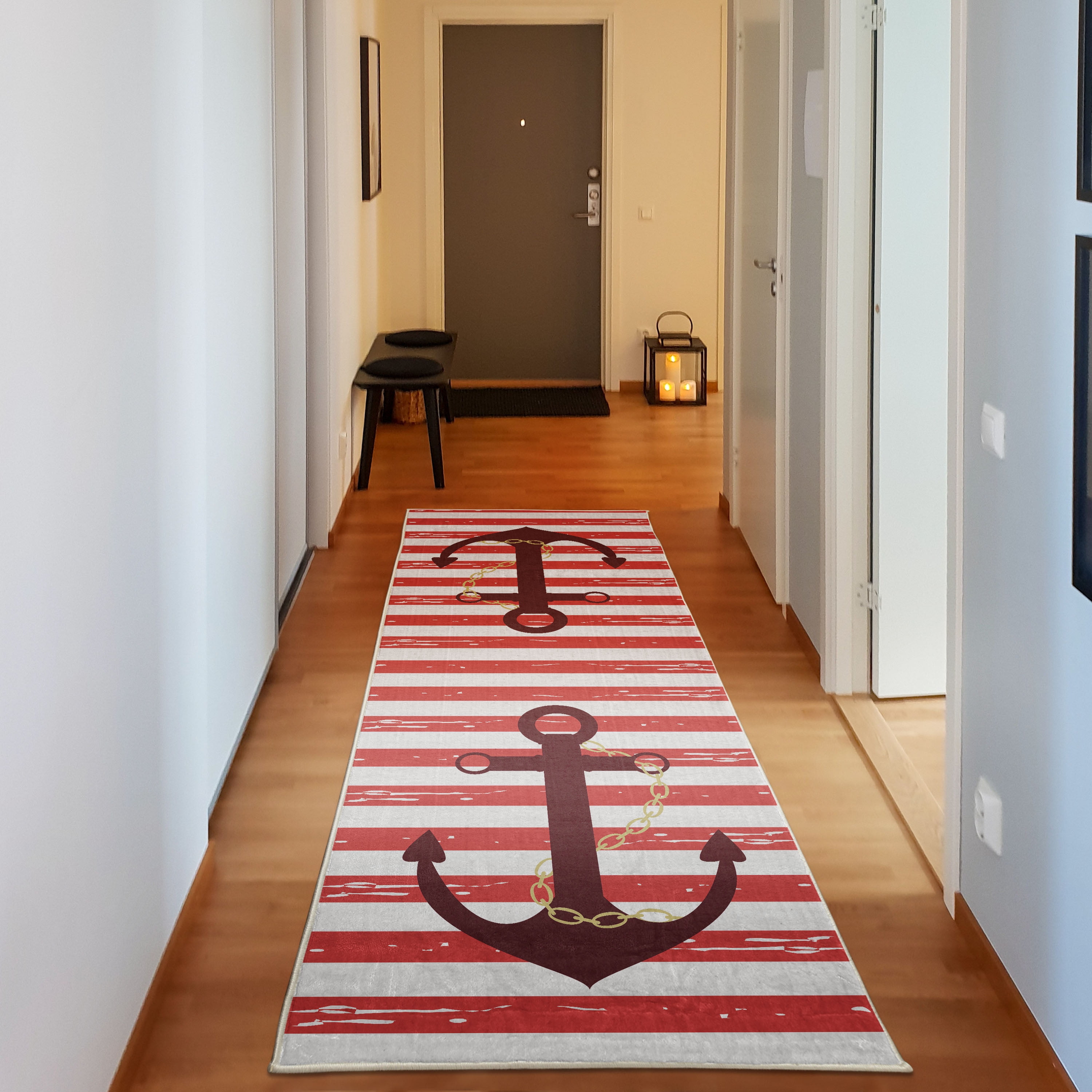 Striped Decorative Rug, Ship Anchor Chain Marine Life Inspired Lines ...