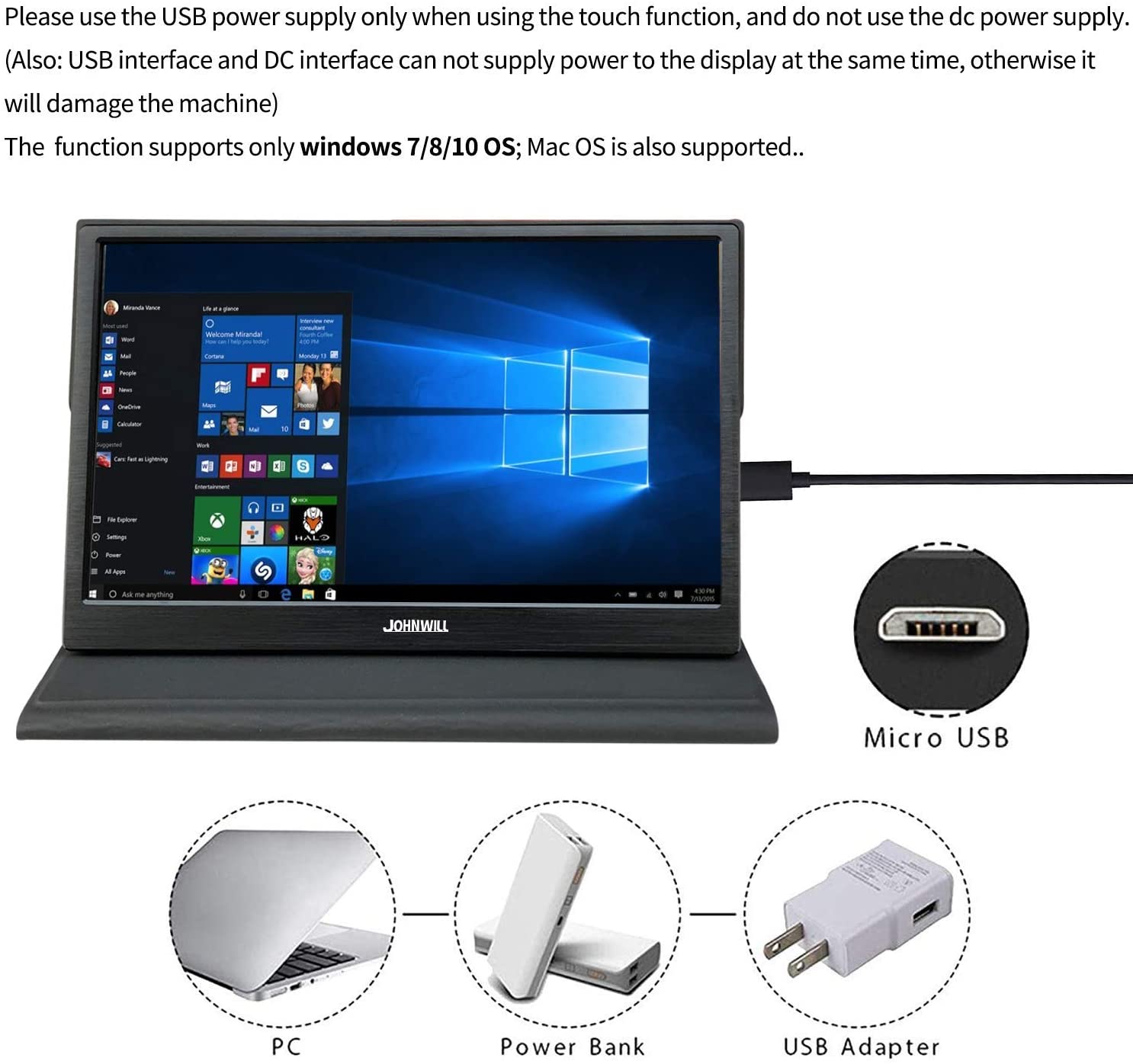 JOHNWILL Touch Screen Portable Monitor 15.6" Portable Touchscreen ...