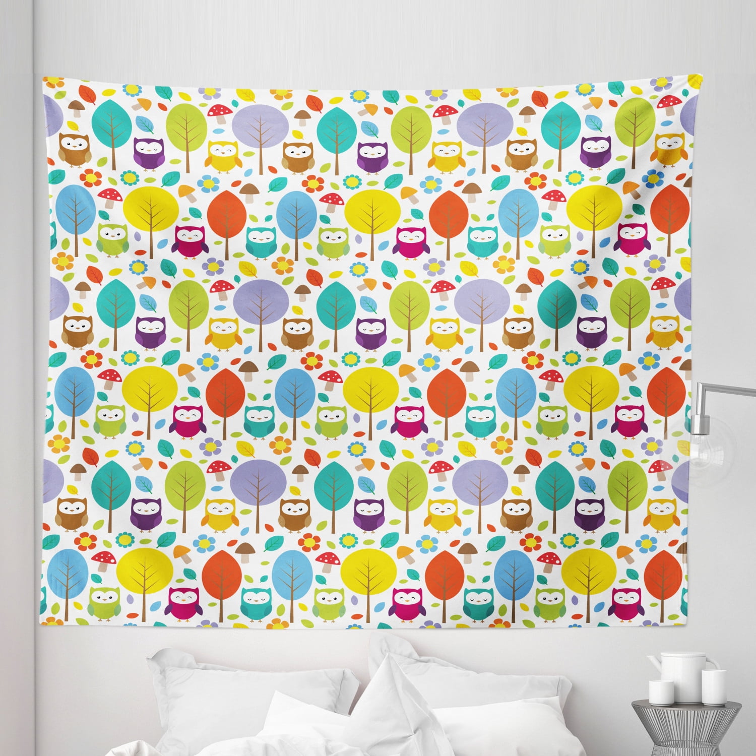 Cartoon Tapestry, Colorful Forest with Owls Trees Leafs Mushrooms and ...