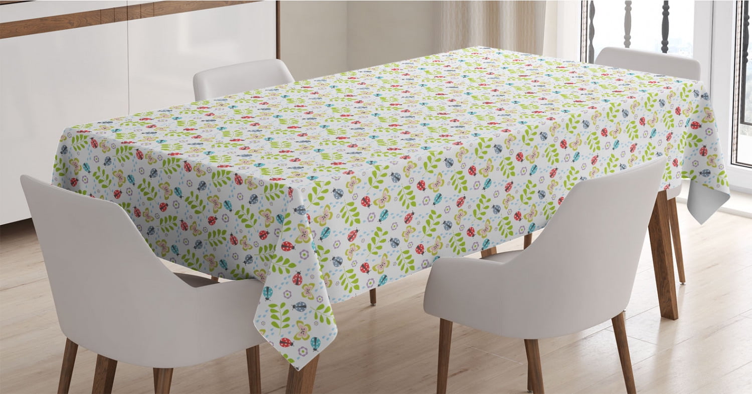 Ladybug Tablecloth, Botanical Garden Theme with Leaves Fern Flowers ...