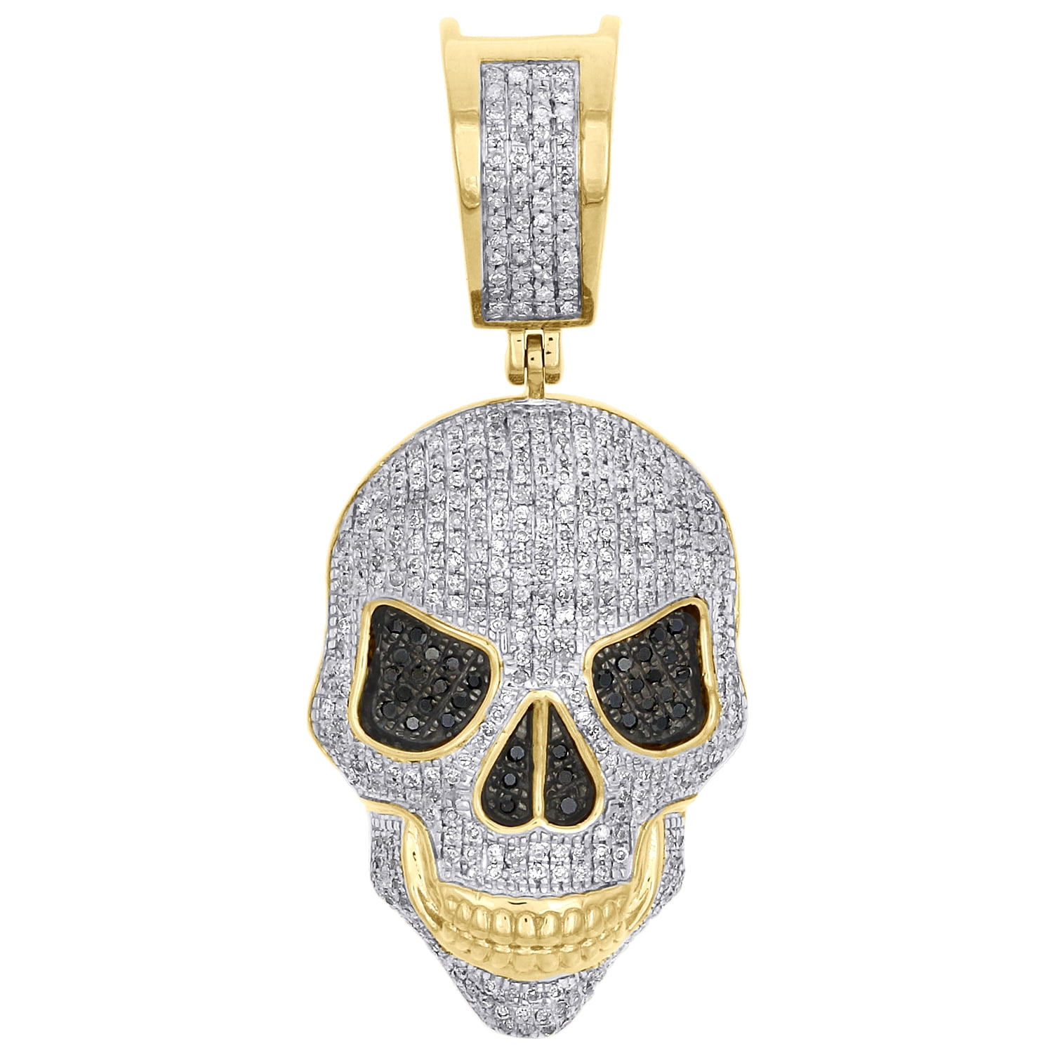 10K Yellow Gold Black / White Diamond Scary Skull Pendant 1.70" Charm 3 ...