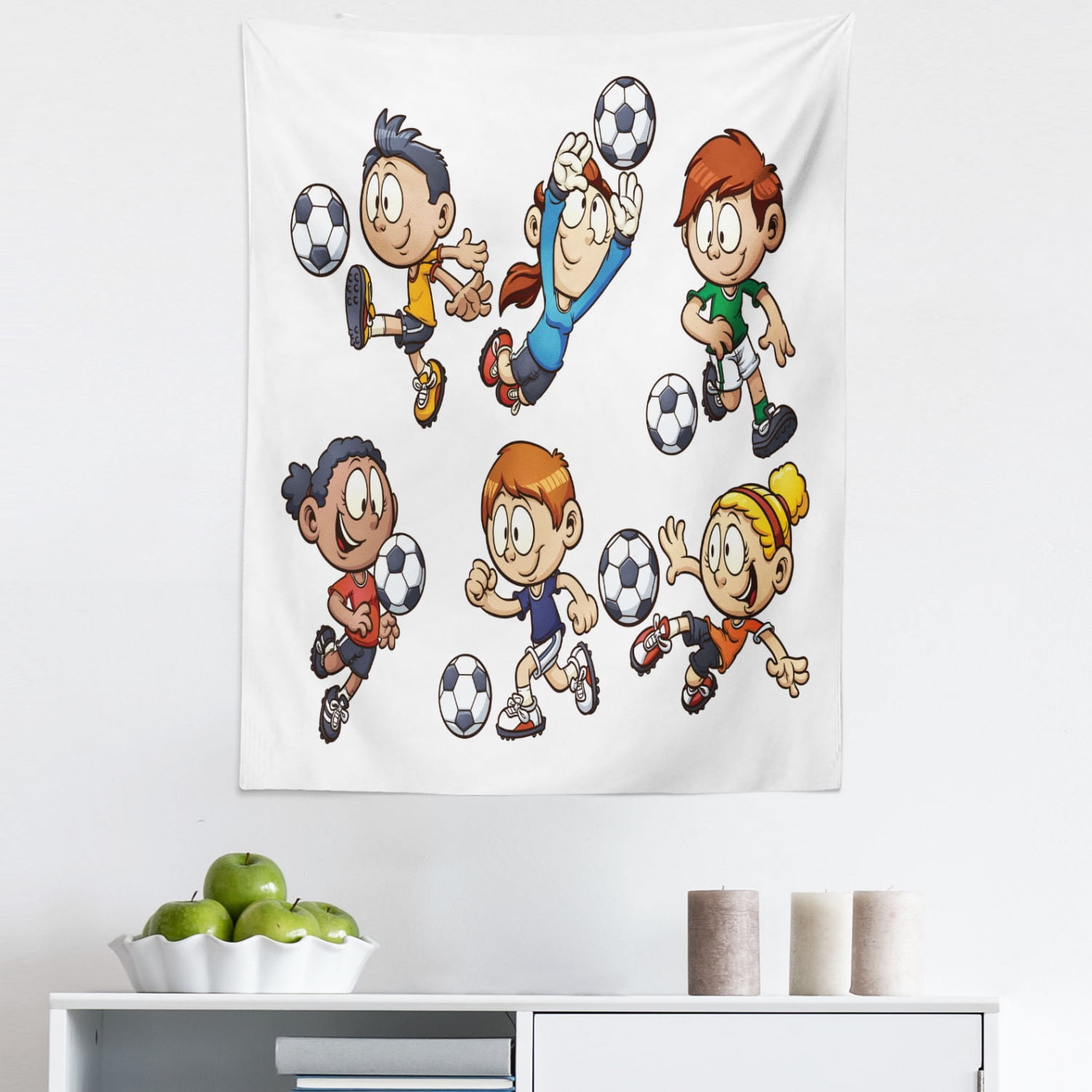 Soccer Tapestry, Cartoon Drawing Style Playing Football Happy Moments ...