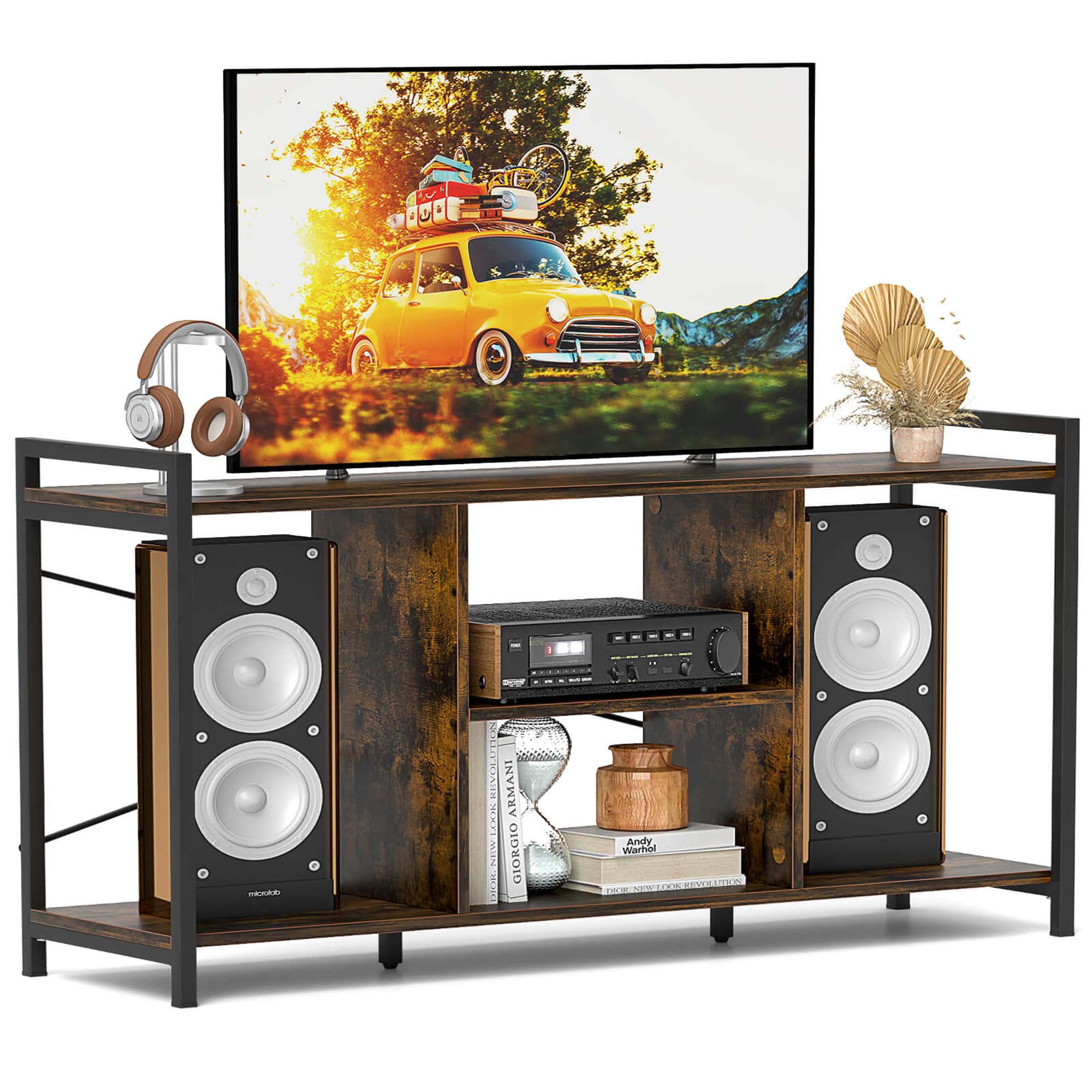 Costway 3-Tier Tv Stand For 55 Tvs With 4 Open Shelves Heavy-Duty Metal Frame For Bedroom 47 X 14 X 24(L X W X H)