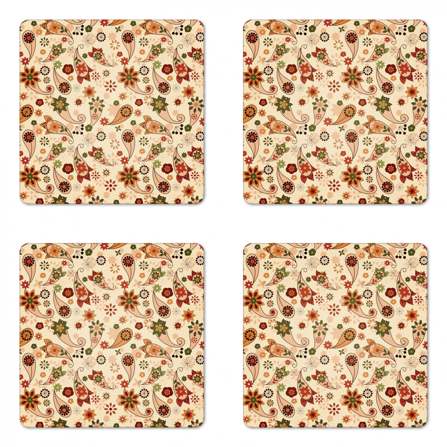 Paisley Coaster Set of 4, Floral Design with Spring Motifs and Paisley ...