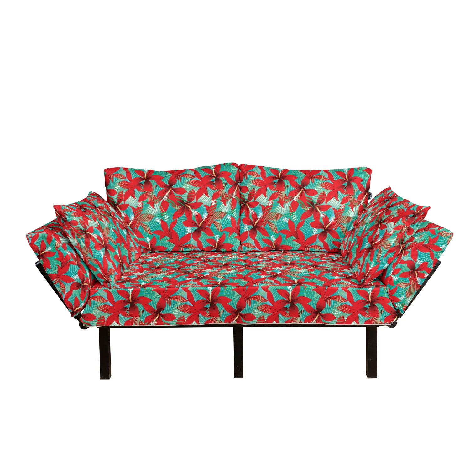 Hawaiian Futon Couch, Red Hibiscus Flowers with Green Leaves Aloha ...