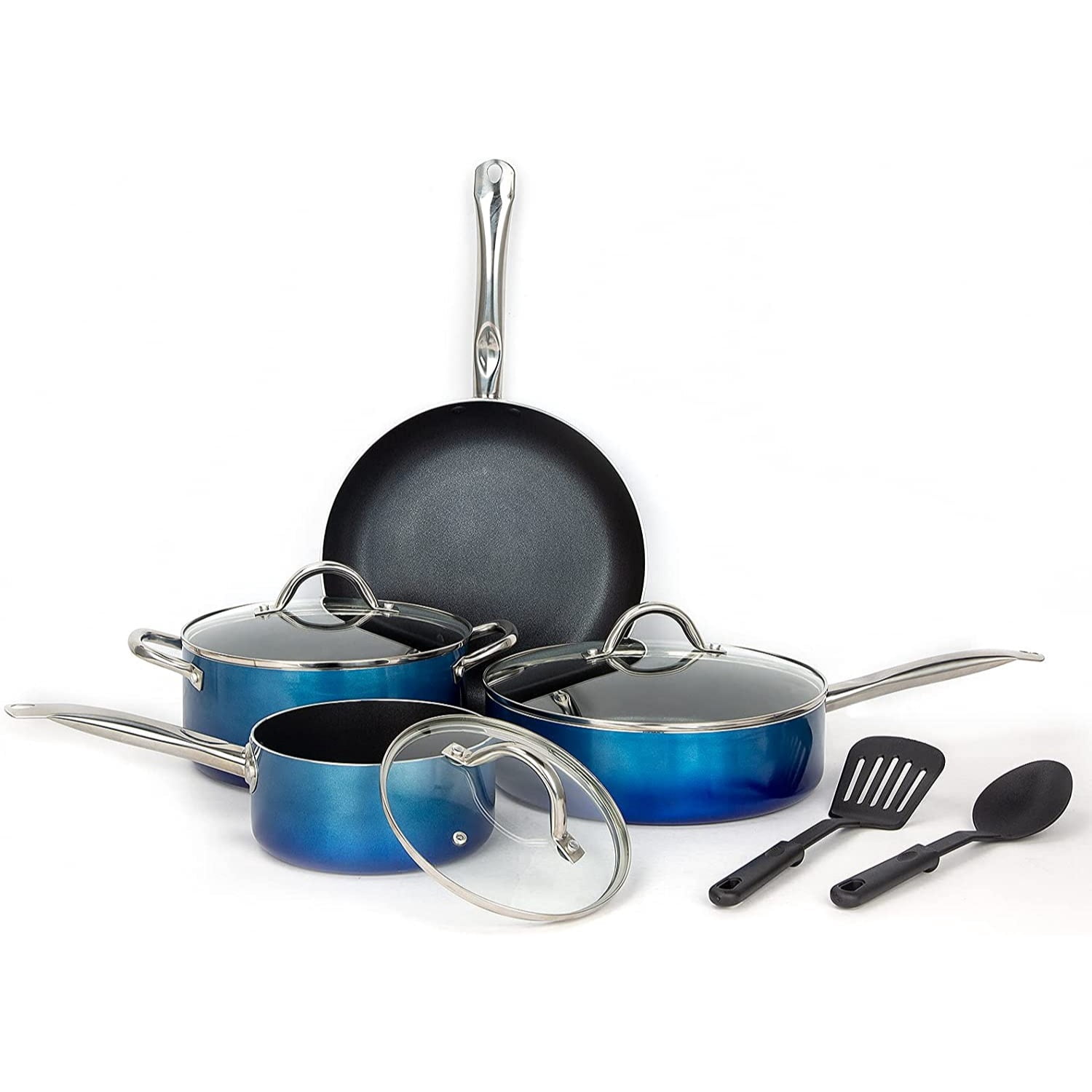 Nonstick 9 Piece Cookware Set 9.75'' Pot, 11'' Frying Pan, 7.25'' Pan ...