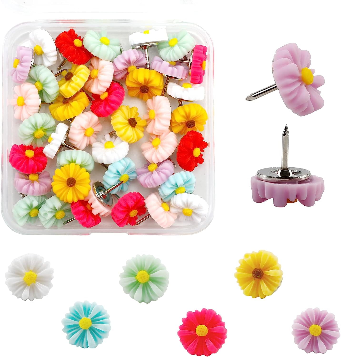 TRIANU 30Pcs Push Pins, Assorted Color Floret Creative Daisy Thumbtacks ...