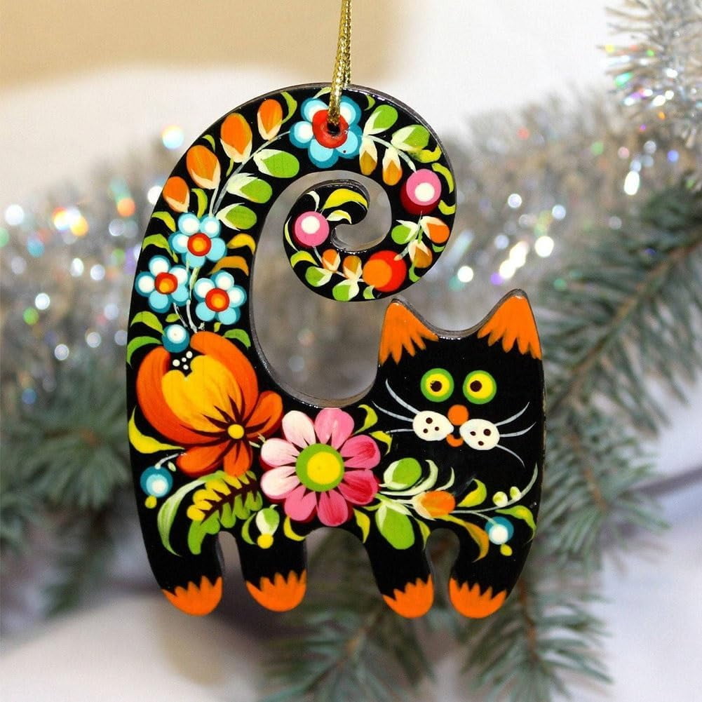 Adornos navideños divertidos de gato dibujados a mano, adorno colgante navideño de gato de ...