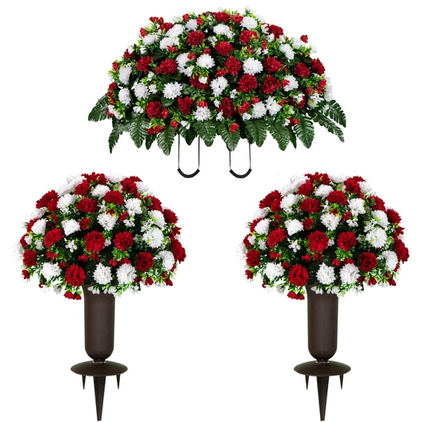 Sympathy Silks Artificial Cemetery Flowers Red and White Garden Mums 2 ...