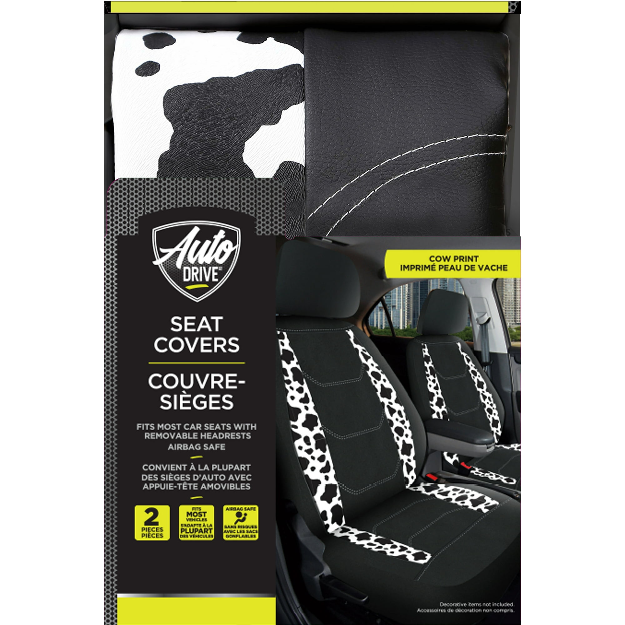 Click here for Auto Drive 2-Piece Black-White Cow Print Seat Cove... prices