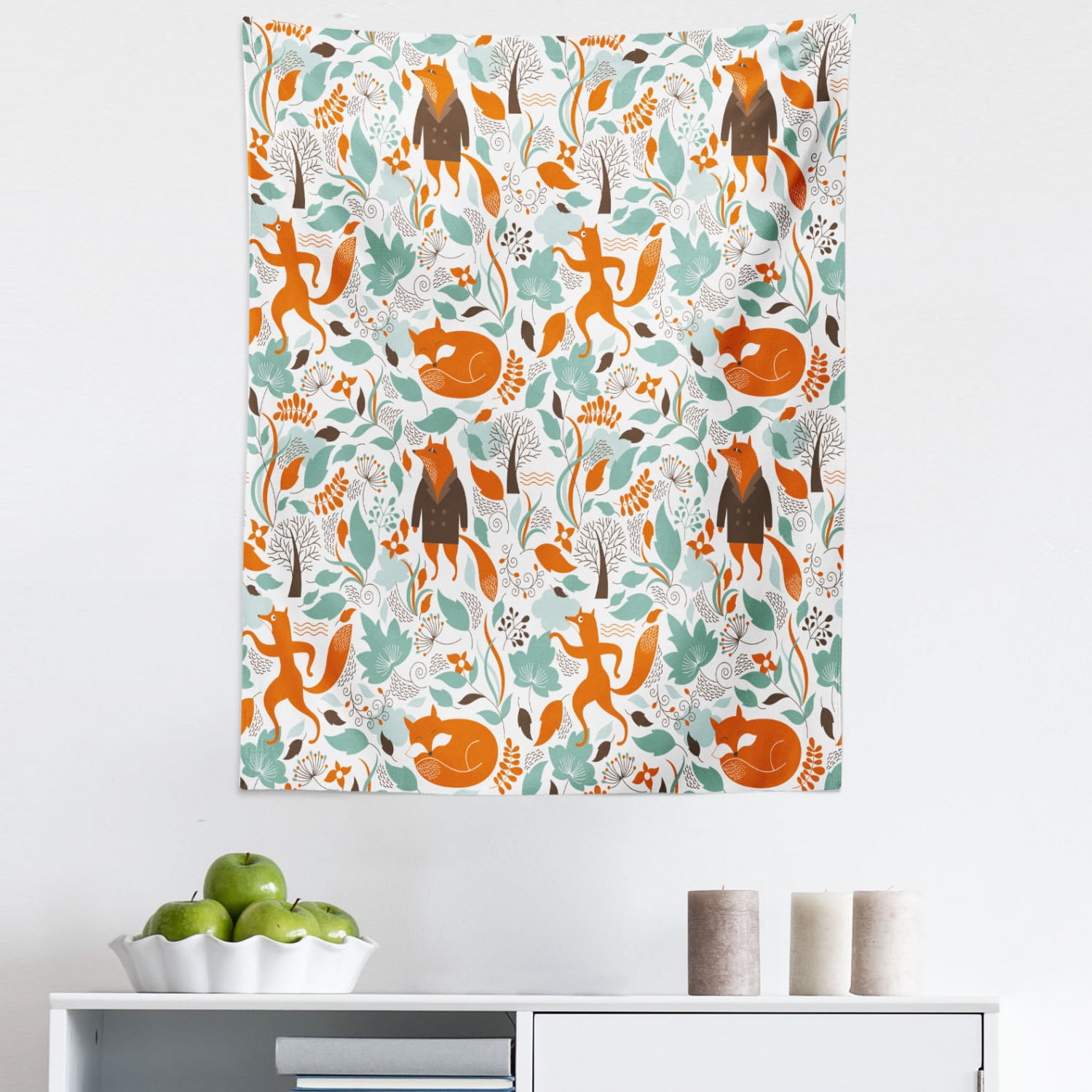 Fox Tapestry, Funny Sleeping Fashion Fox Falling Autumn Leaves Graphic ...