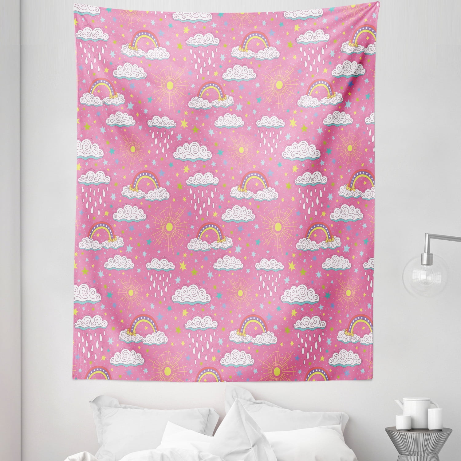 Rain Tapestry, Doodle Style Pattern with Rainbows Shower Rainy Clouds ...