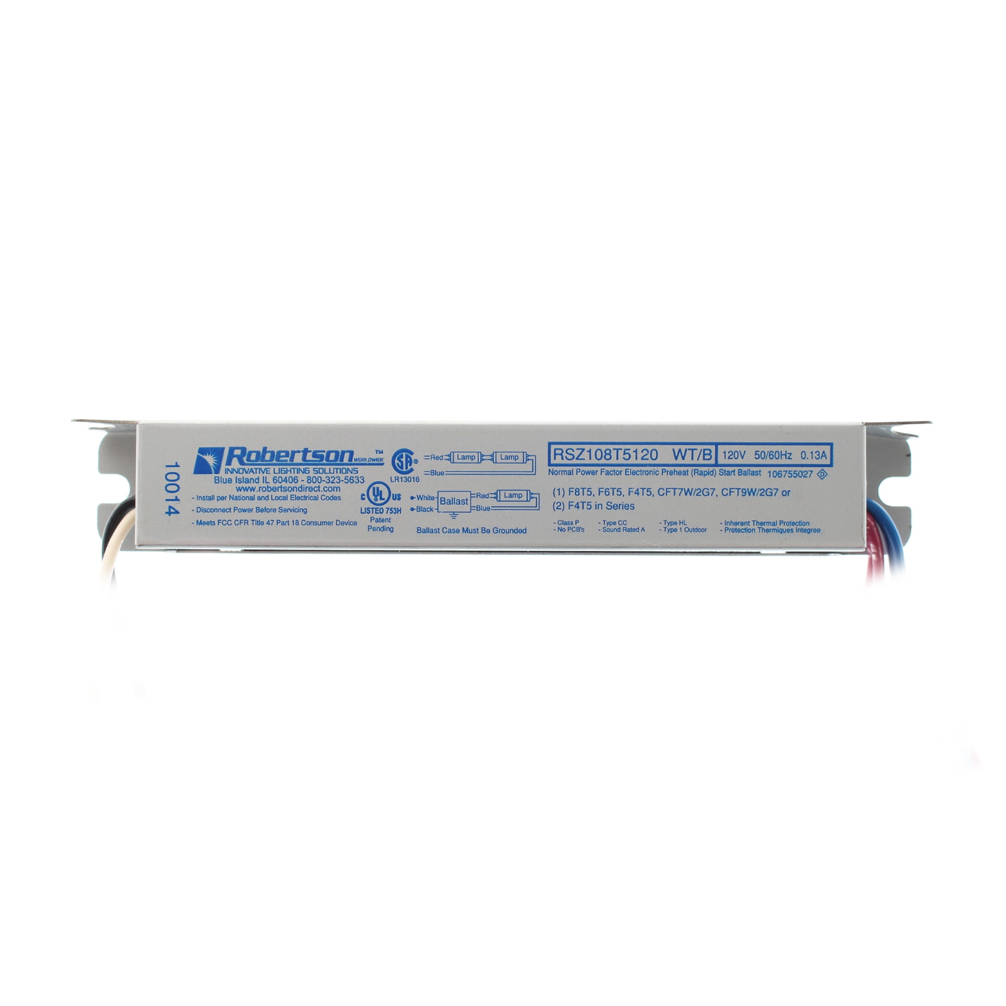 Robertson RSZ108T5120-WT/B Fluorescent Ballast, 2-Lamp, F4T5, 4W T5 ...