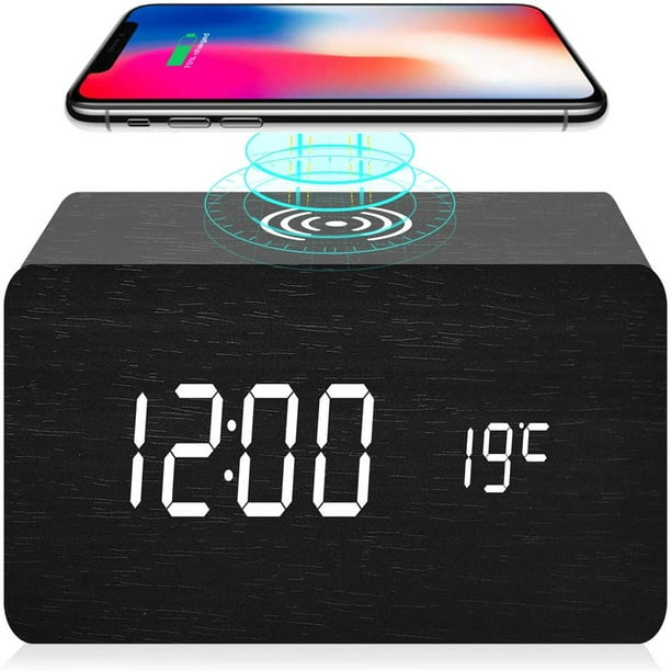 MesaSe Wooden Alarm Clock with Wireless Charging Pad Wood LED Digital ...