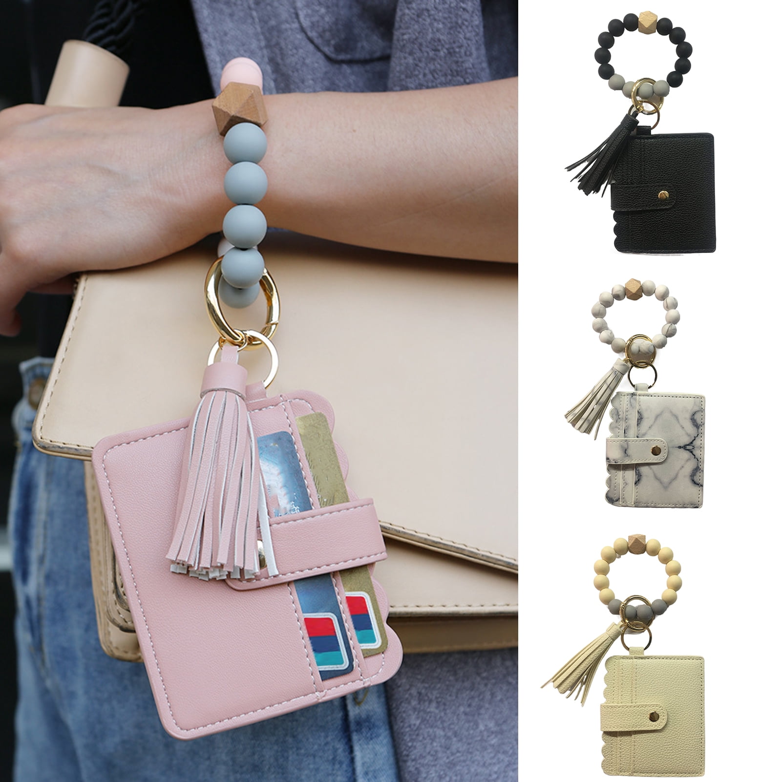 Jiaroswwei Bracelet Wallet Silicone Beads Keychain Tassels Card Holder ...