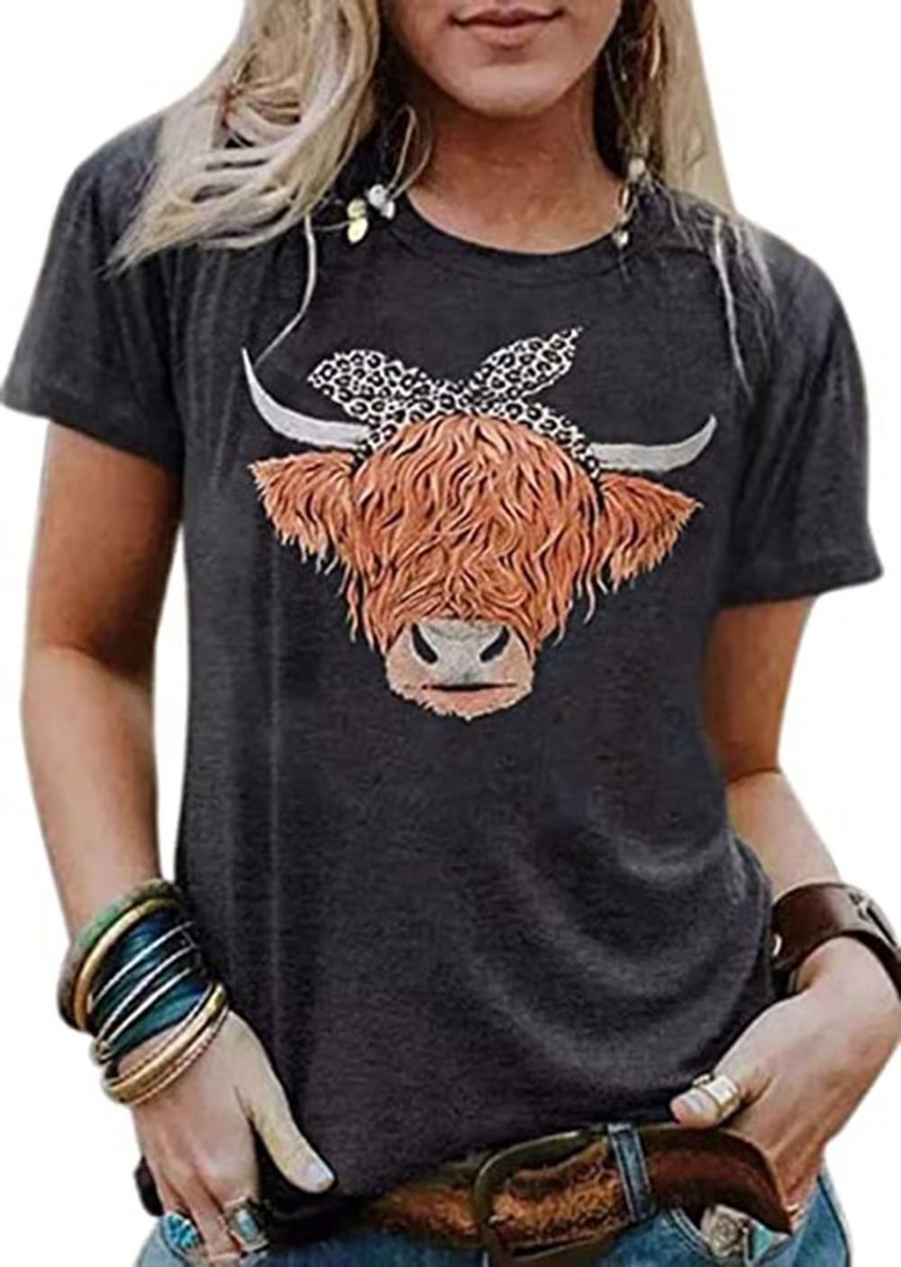 Leopard Cow Highland Cattle T-Shirt Women Western Cute Highland Cow ...