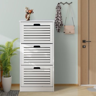 Dextrus White Shoe Cabinet, Modern Entryway Shoe Rack, Tipping Bucket ...