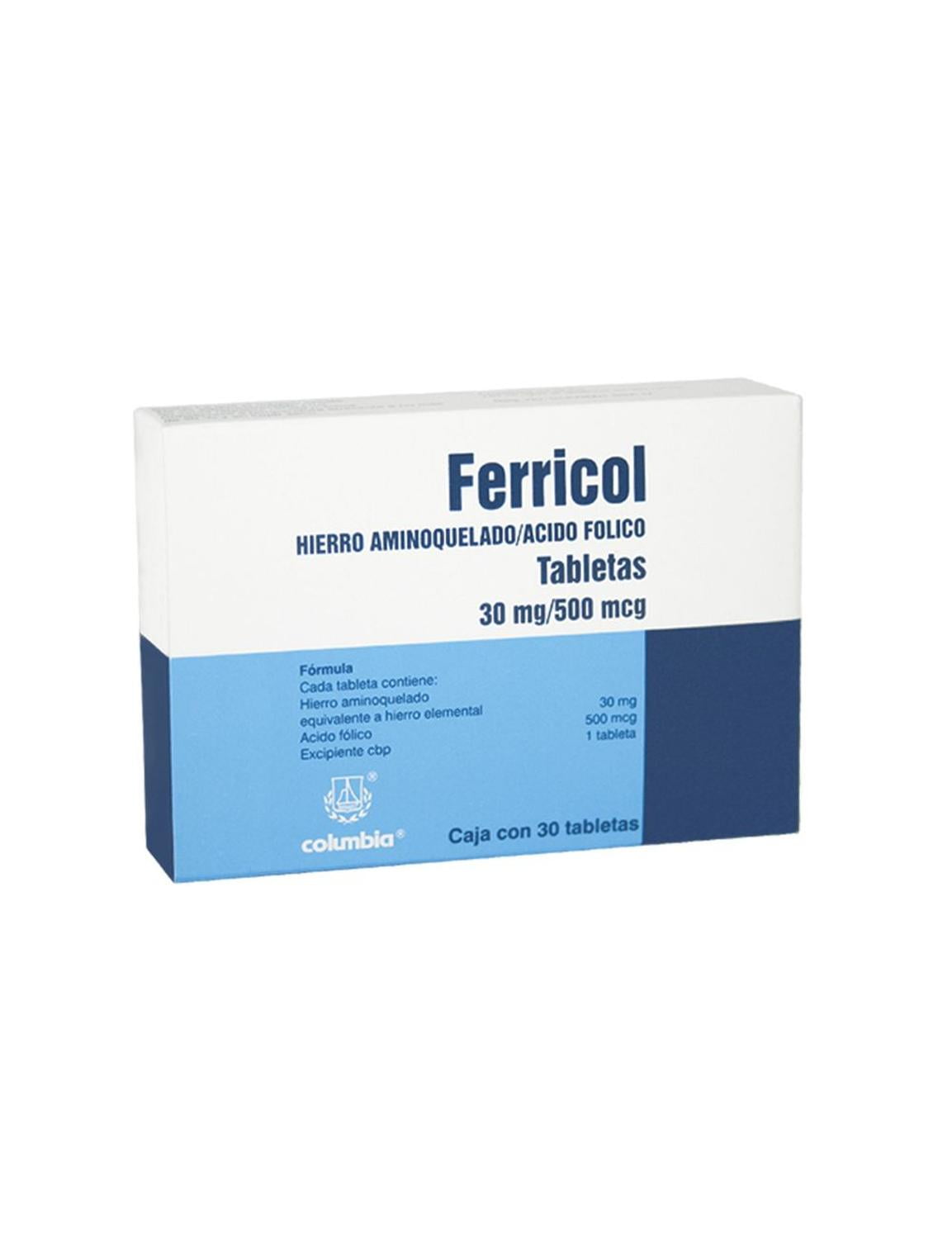 Ferricol tabletas 30 mg/500 mcg 30 pzas | Bodega Aurrera en línea