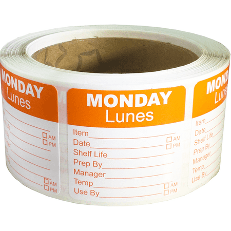 Removable Day Of The Week Shelf Life Labels Monday/Lunes 2 Inch Square ...