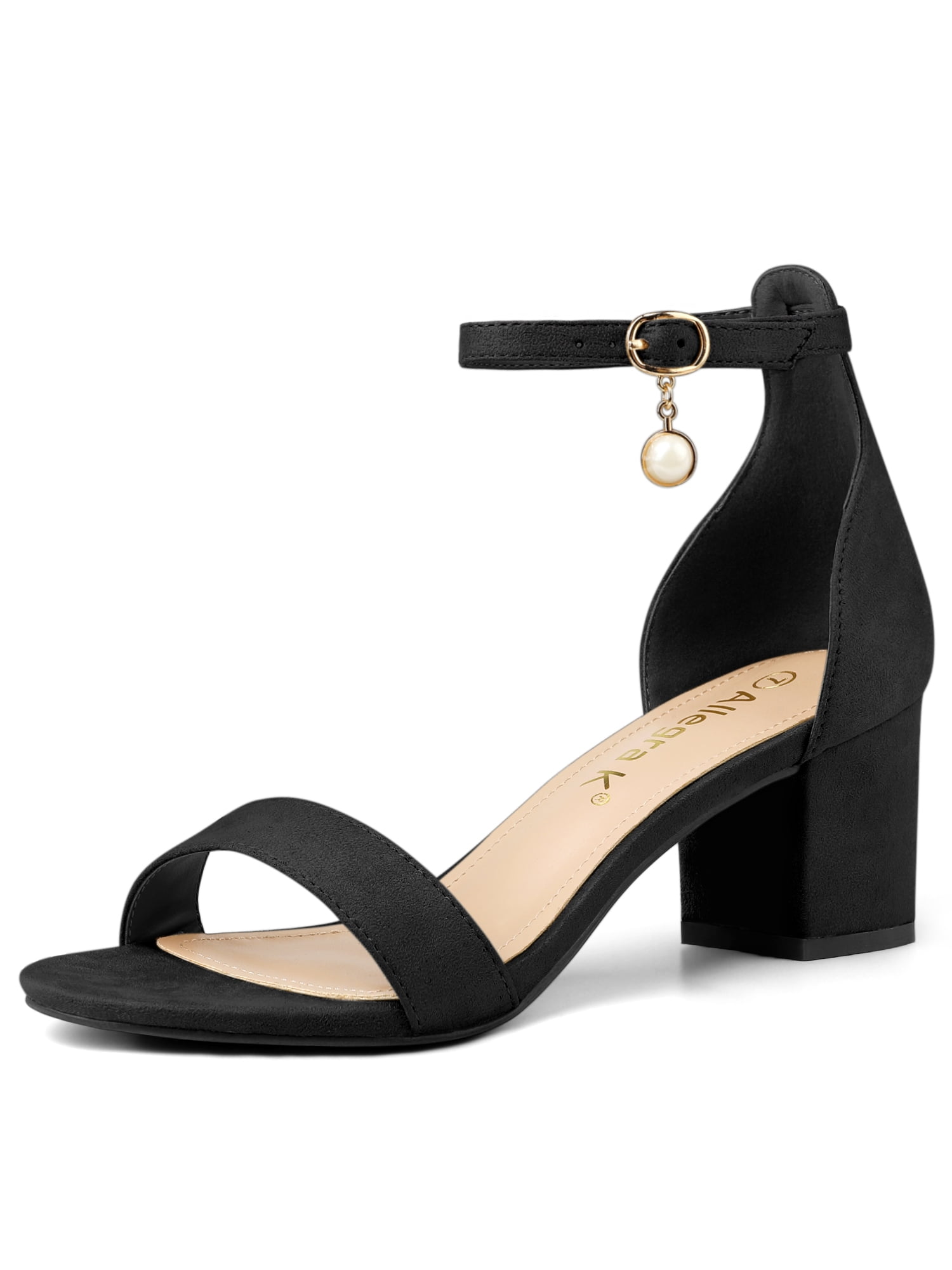 Womens Pearl Open Toe Ankle Strap Block Heel Sandals Black Us 6 Uk 4