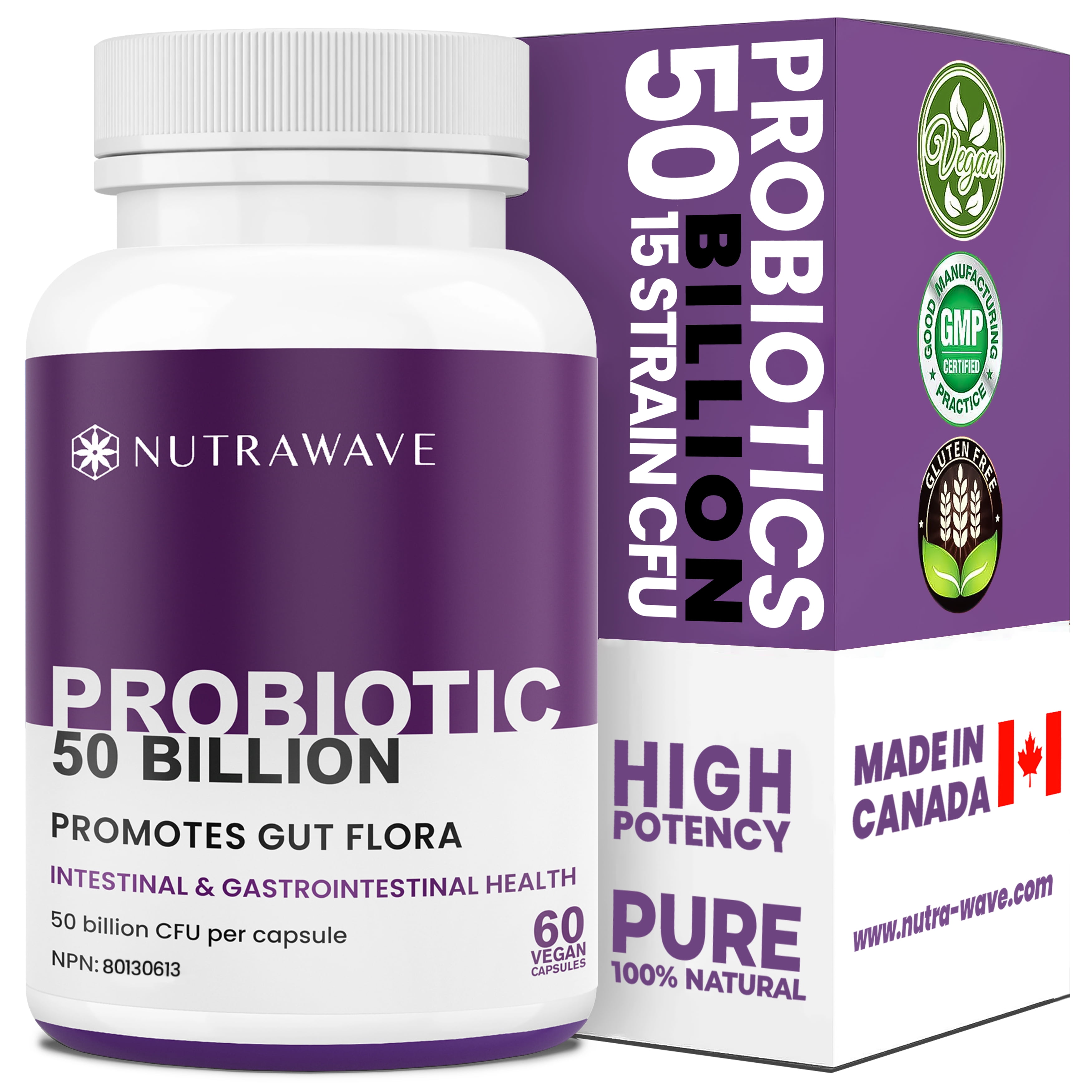 Nutrawave Daily Probiotic 50 Billion, 15 Strain Formula for Adult Digestive and Immune Support ...