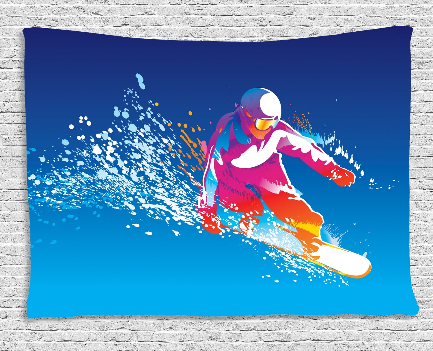 Youth Tapestry, Colorful Figure of a Young Man Snowboarding on Blue ...