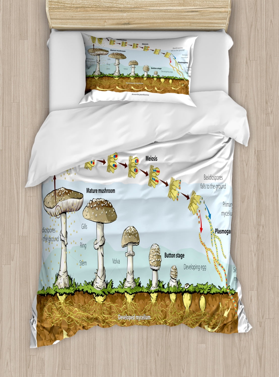 Biology Duvet Cover Set Twin Size, Life Cycle of Mushrooms Theme ...