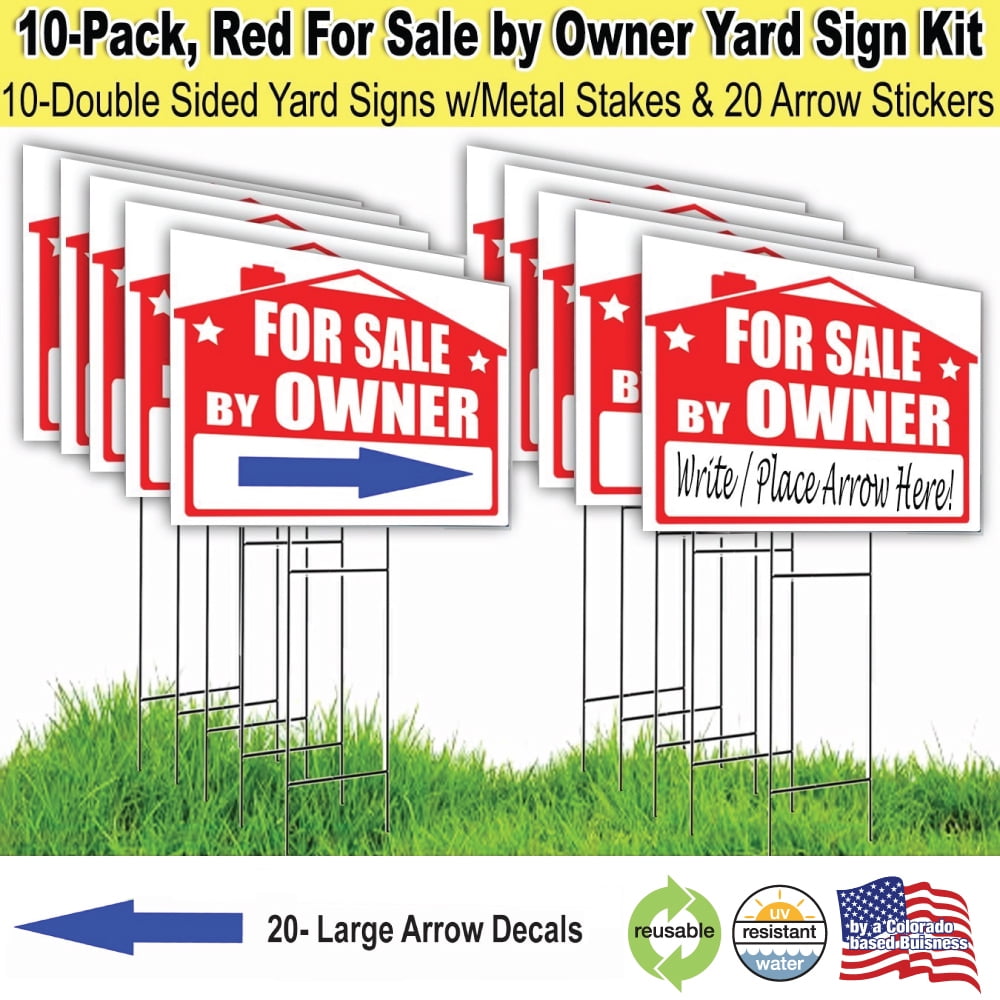 10 Pack For Sale By Owner Sign Kit with stakes, and arrow stickers ...