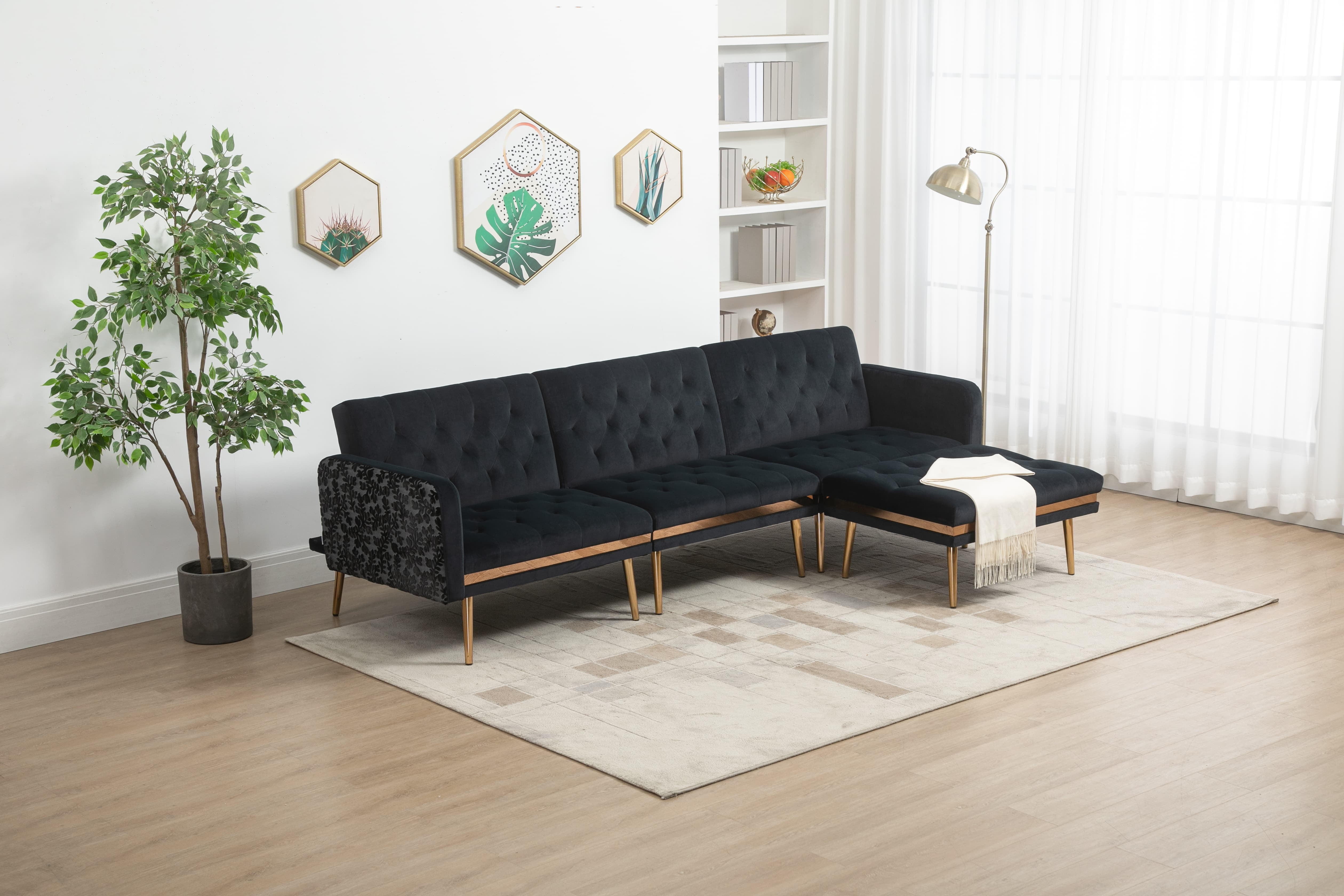 Convertible Sectional Sofa Bed with Removable Ottoman Velvet L-Shaped ...