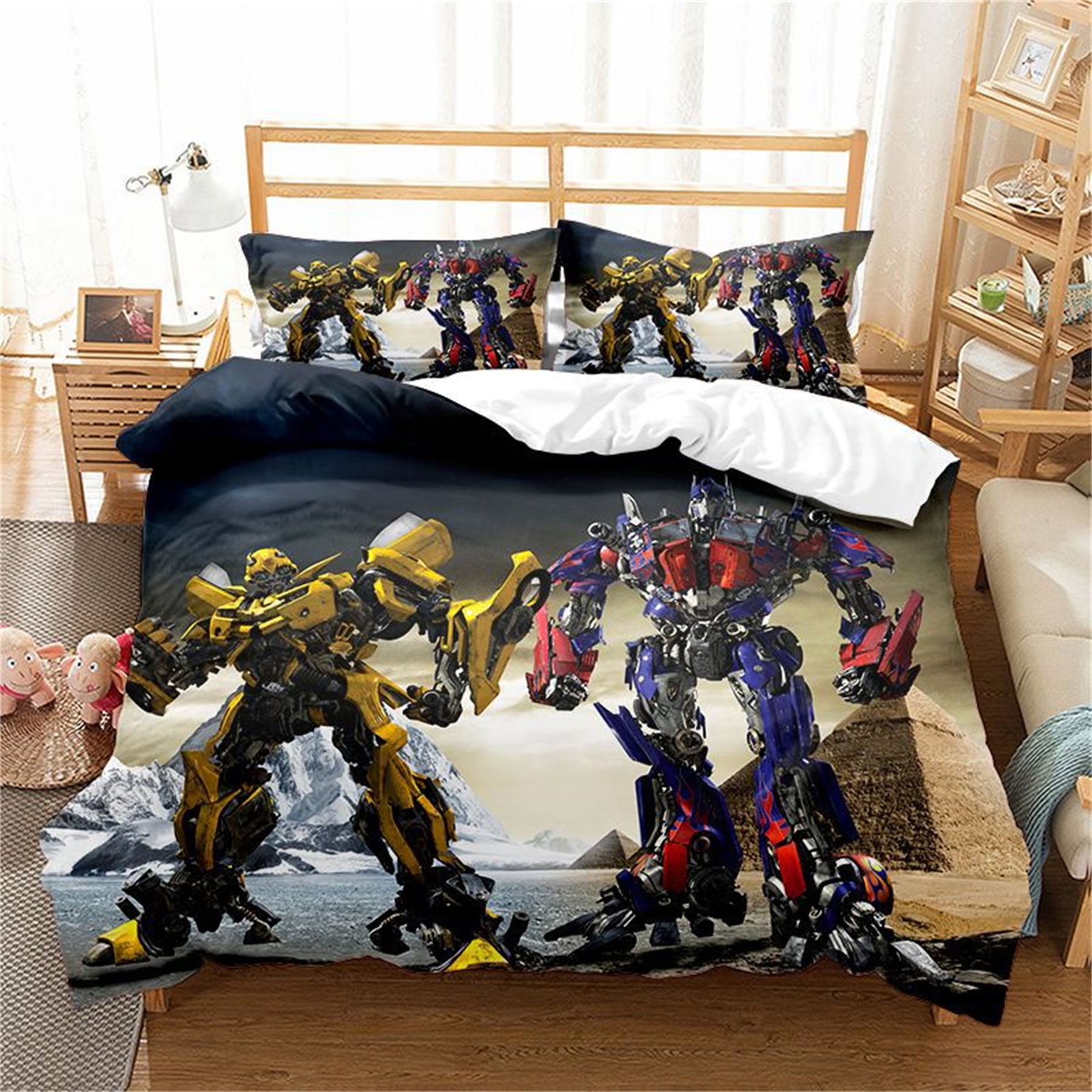Rilin Transformers Bedding Set 3 Pieces Bumblebee Optimus Prime Light-Weight Quilt Cover Soft Breathable Duvet Cover With 2 Pillow Shams zipper Closur