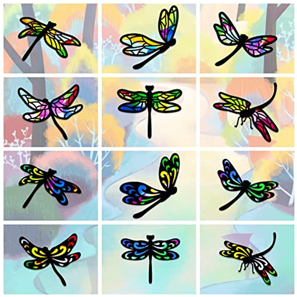 24Pcs Dragonfly Stained Glass Effect Paper Suncatchers Window Clings ...
