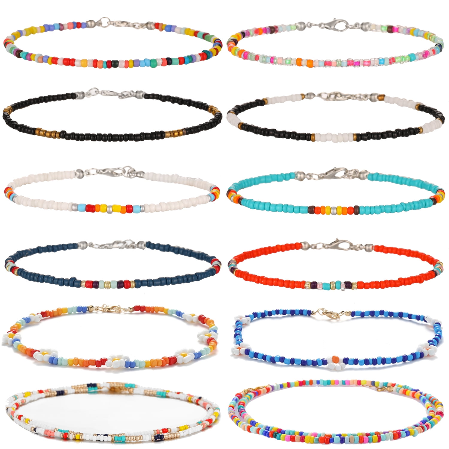 XIJIN 12Pcs Handmade Flower Beaded Anklets Boho Colorful Beads Anklet ...