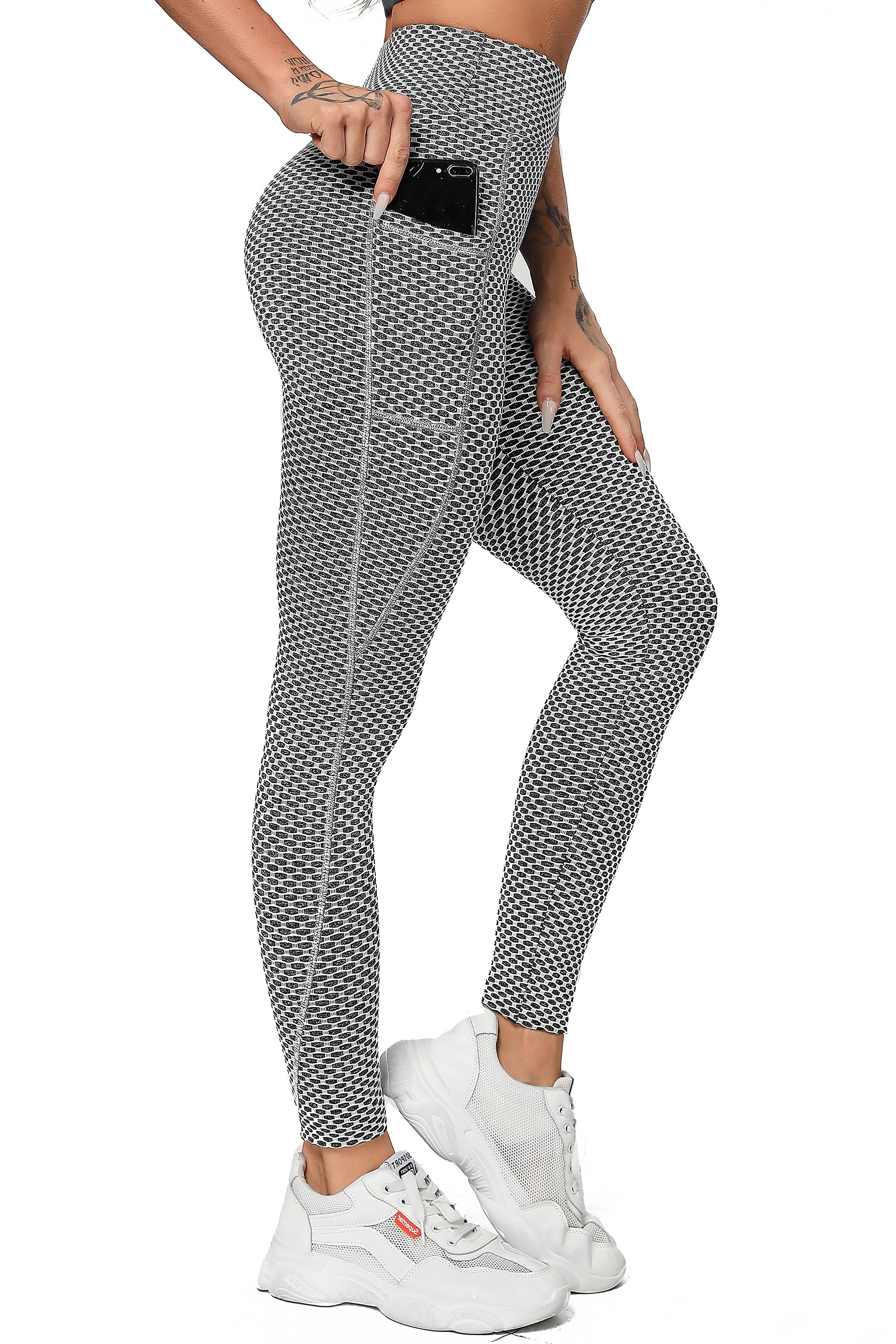 Fittoo Women High Waist Honeycomb Texture Yoga Pant Tummy Control