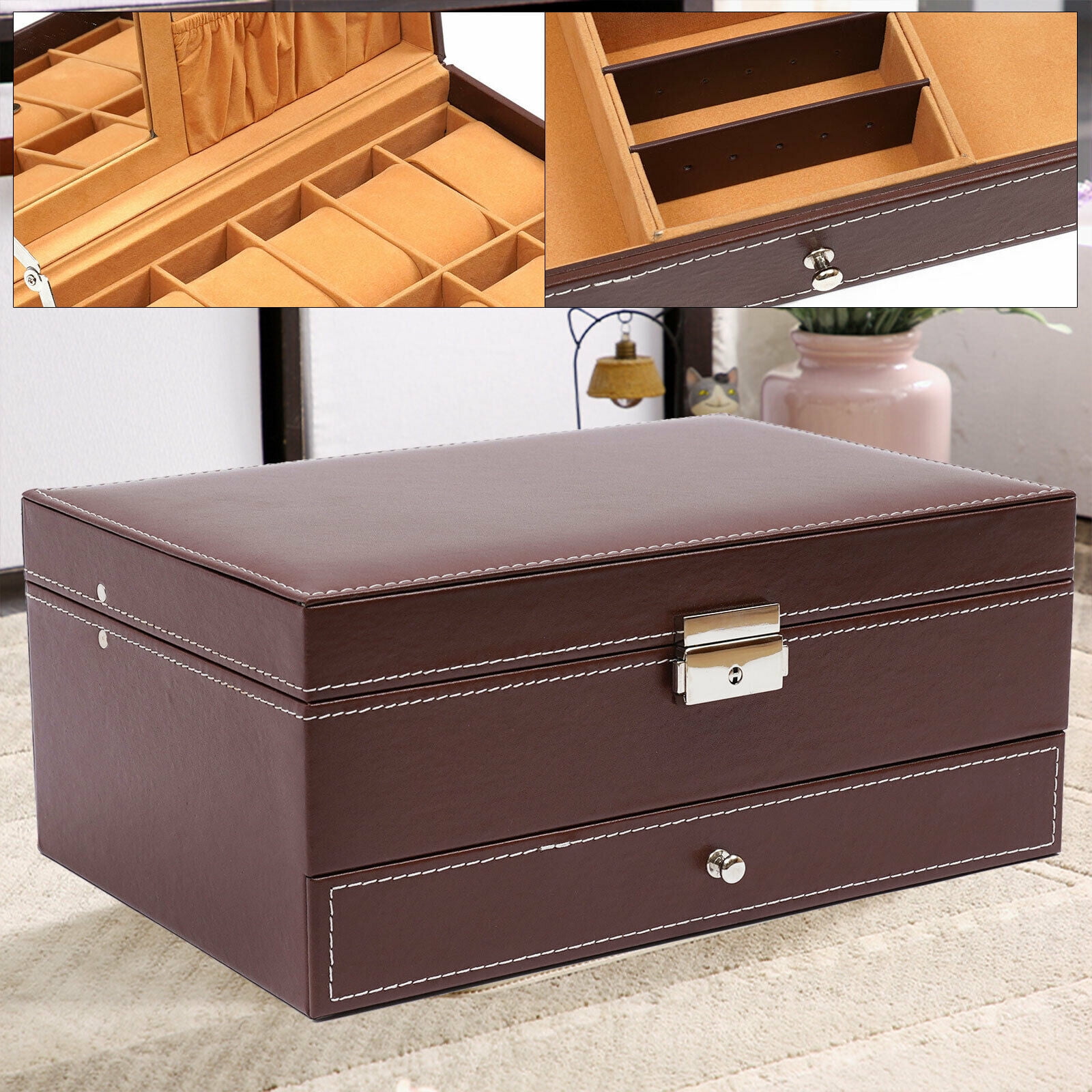 FETCOI 2-Layer Drawers Velvet Interior Jewelry Collection Box Watch ...