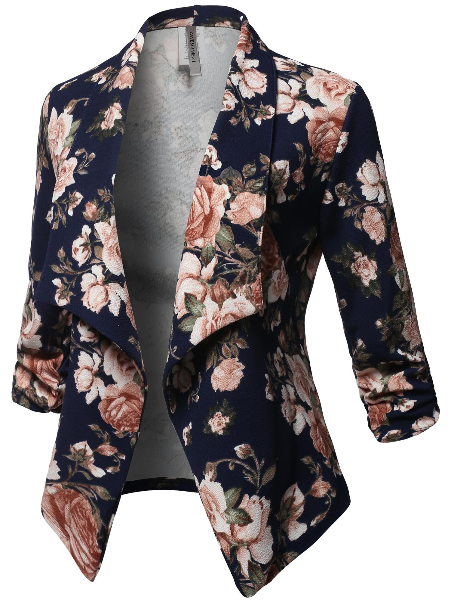 FashionOutfit Women's Stretch 3/4 Gathered Sleeve Open Blazer Jacket ...