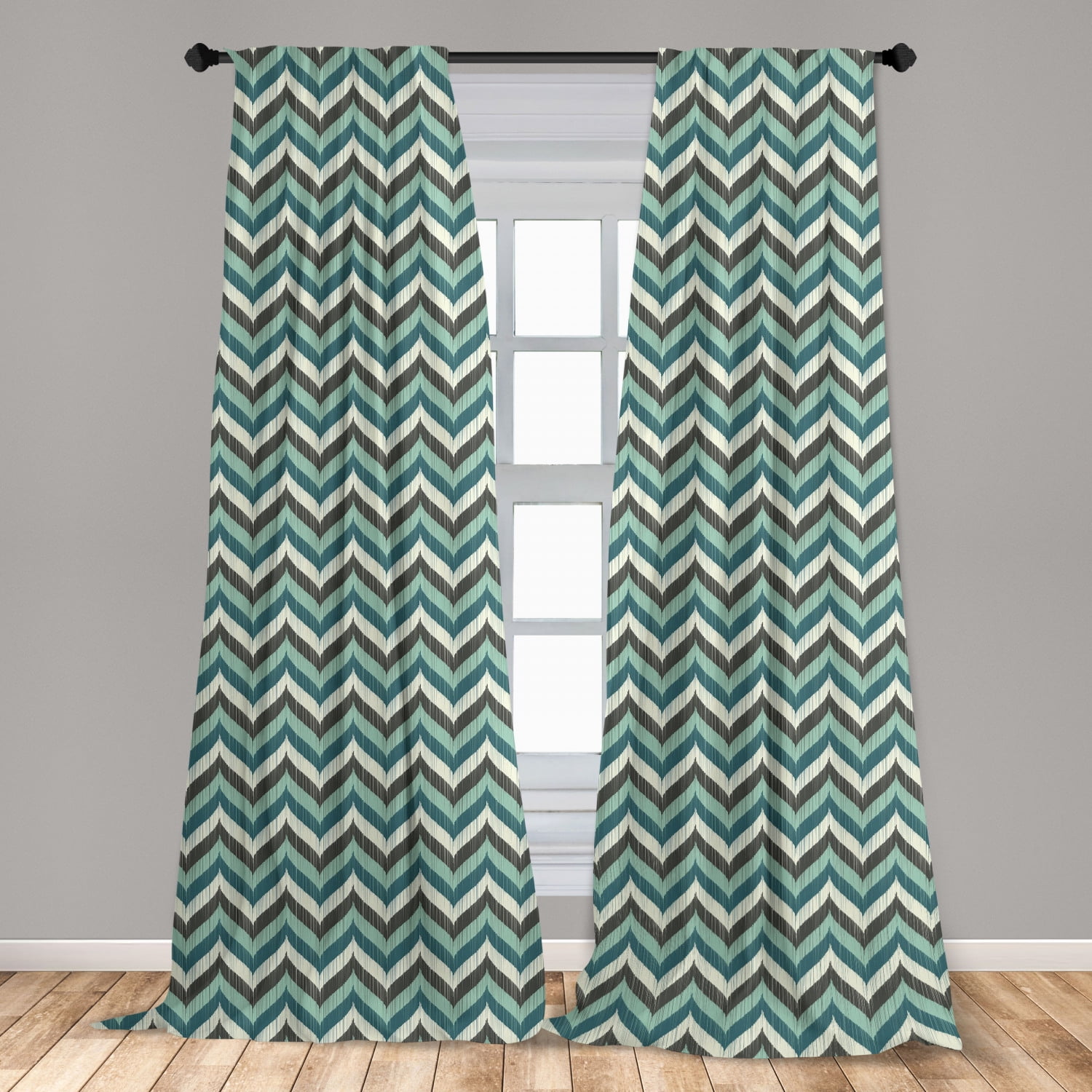 Turquoise Curtains 2 Panels Set Wavy Lines With Abstract Chevron