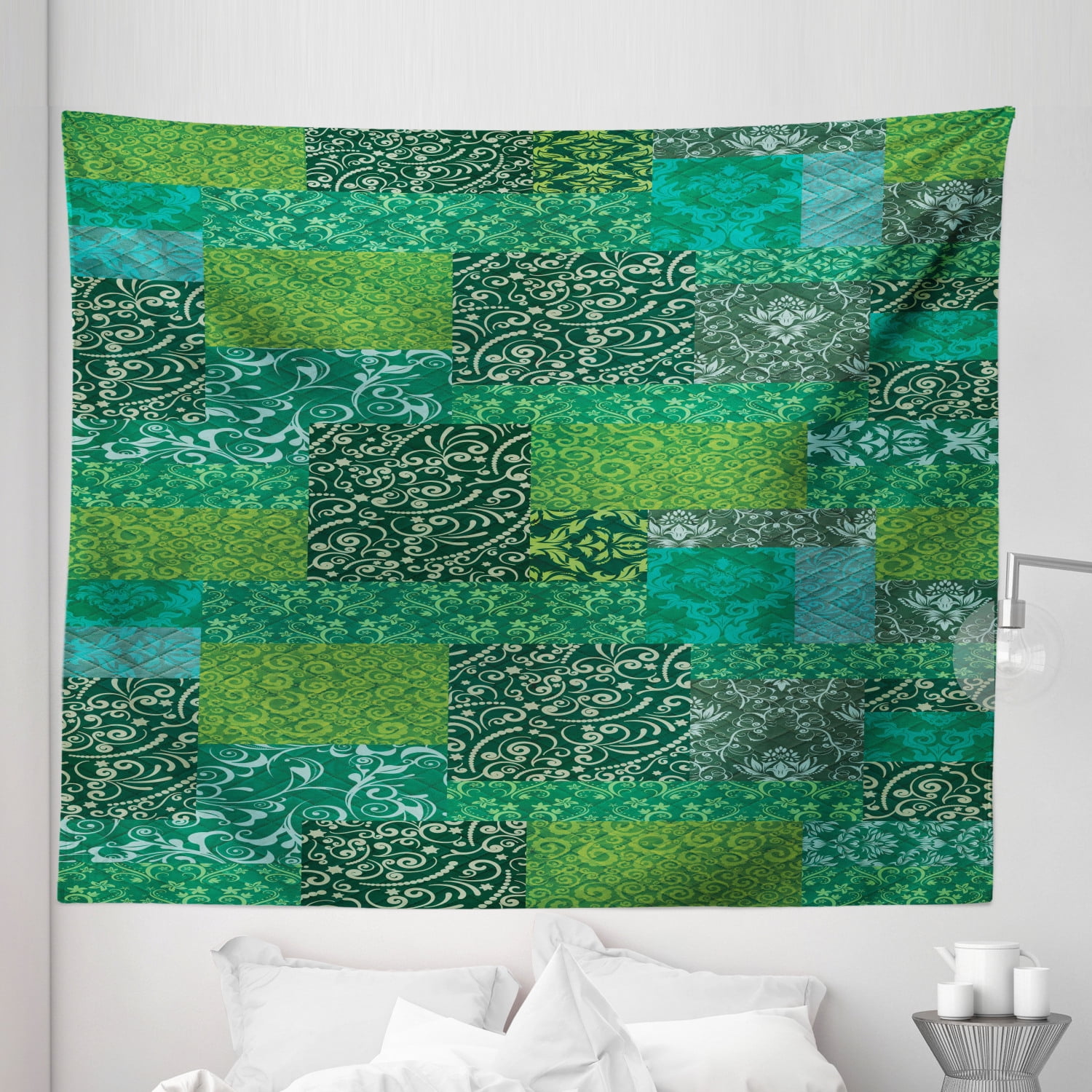 Floral Tapestry, Green Tone Monochrome Nature Themed Pattern with ...