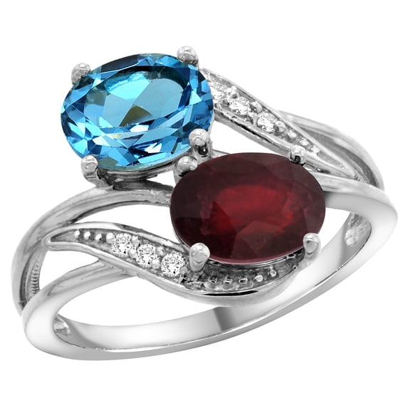 10K White Gold Diamond Natural Swiss Blue Topaz & HQ Ruby 2-stone Ring ...