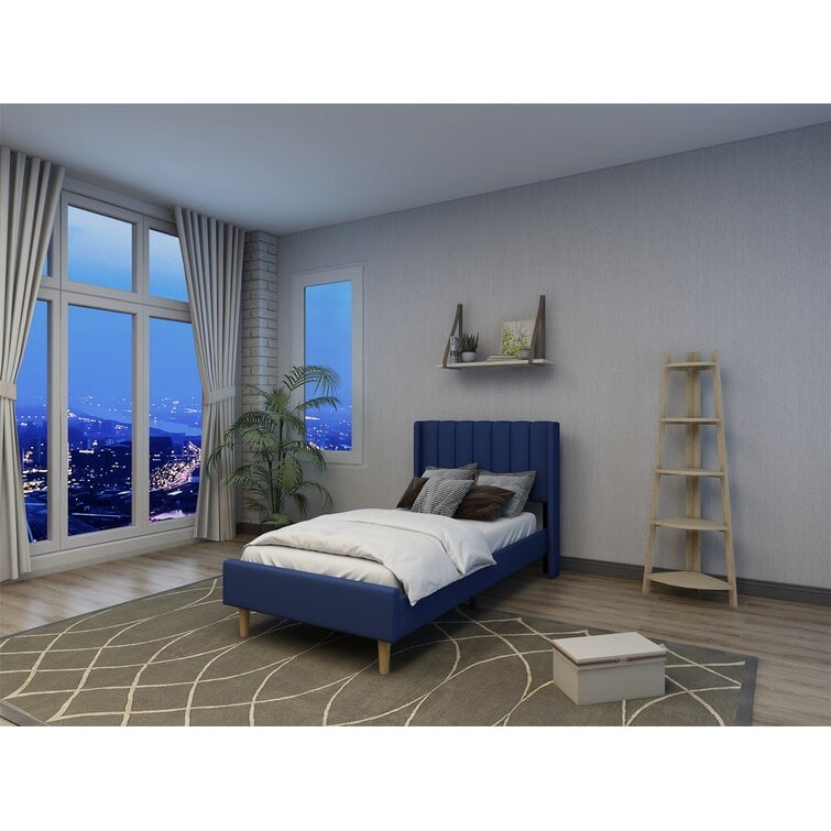 Tslinn Low Profile Upholstered Platform Bed,Twin Beds With Dark-Blue ...