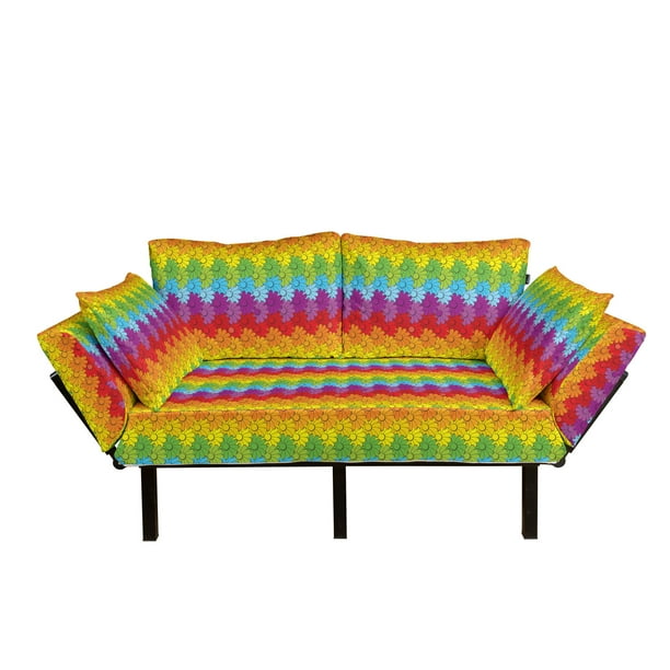 Floral Futon Couch, Vibrant Flowers in Rainbow Colors Striped Repeating ...