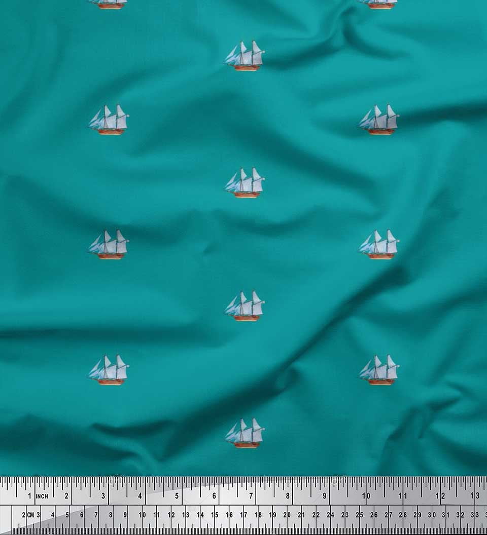 Soimoi Green Satin Silk Fabric Yacht Nautical Print Fabric by the Yard ...