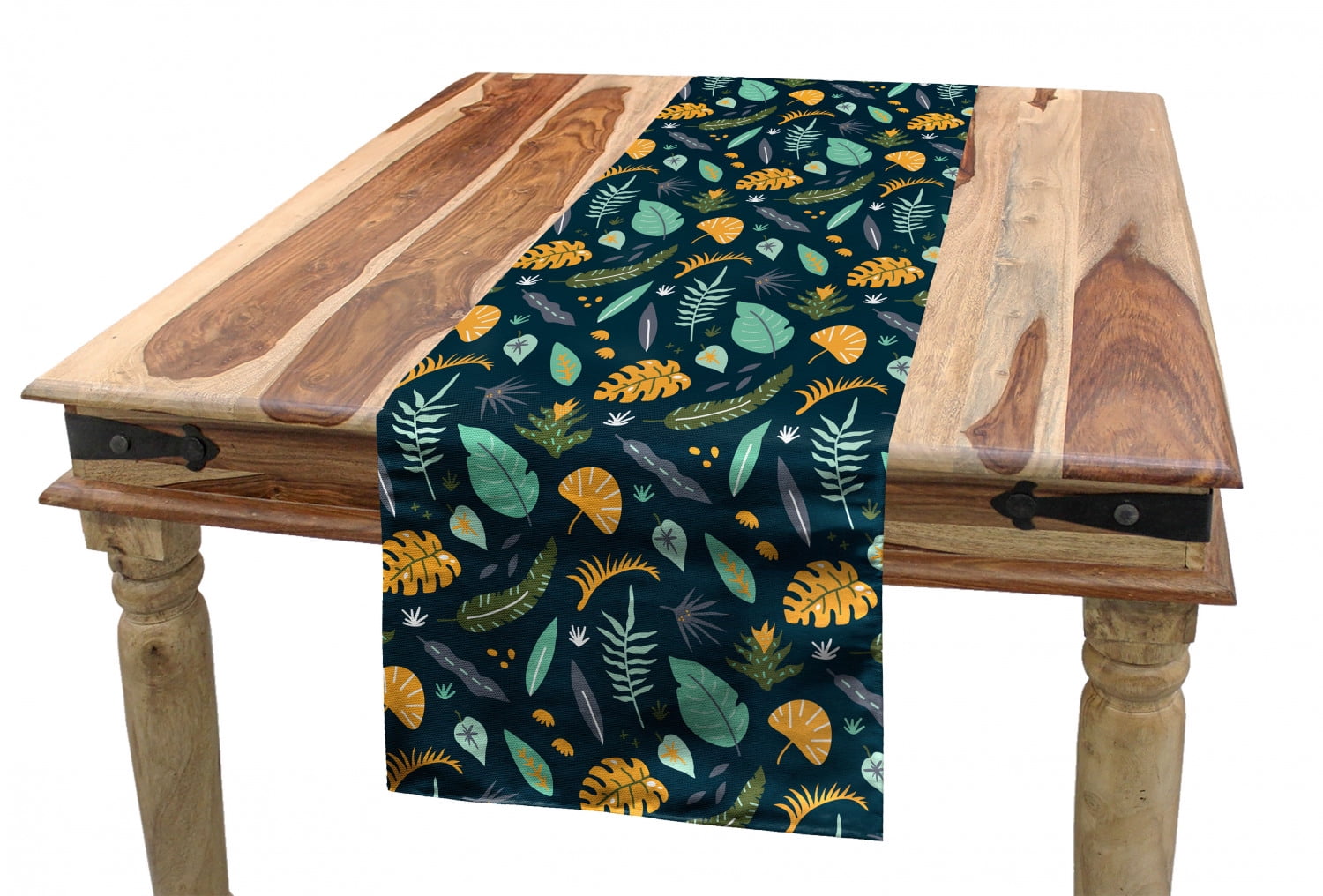 Leaves Table Runner, Tropical Plants Monstera Fern Palm Tree Foliage ...