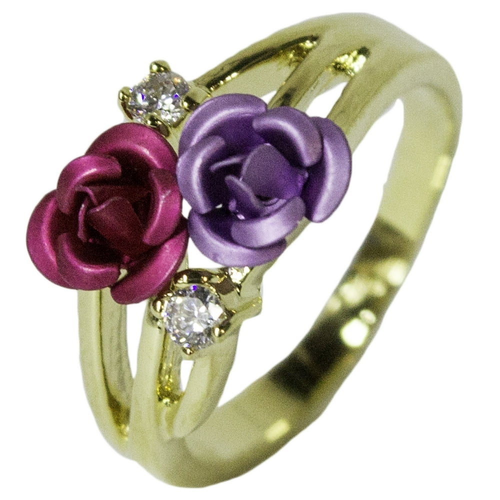 RS Covenant - Women's 18 Kt Gold Plated Dress Ring Enamel Rose and CZ ...