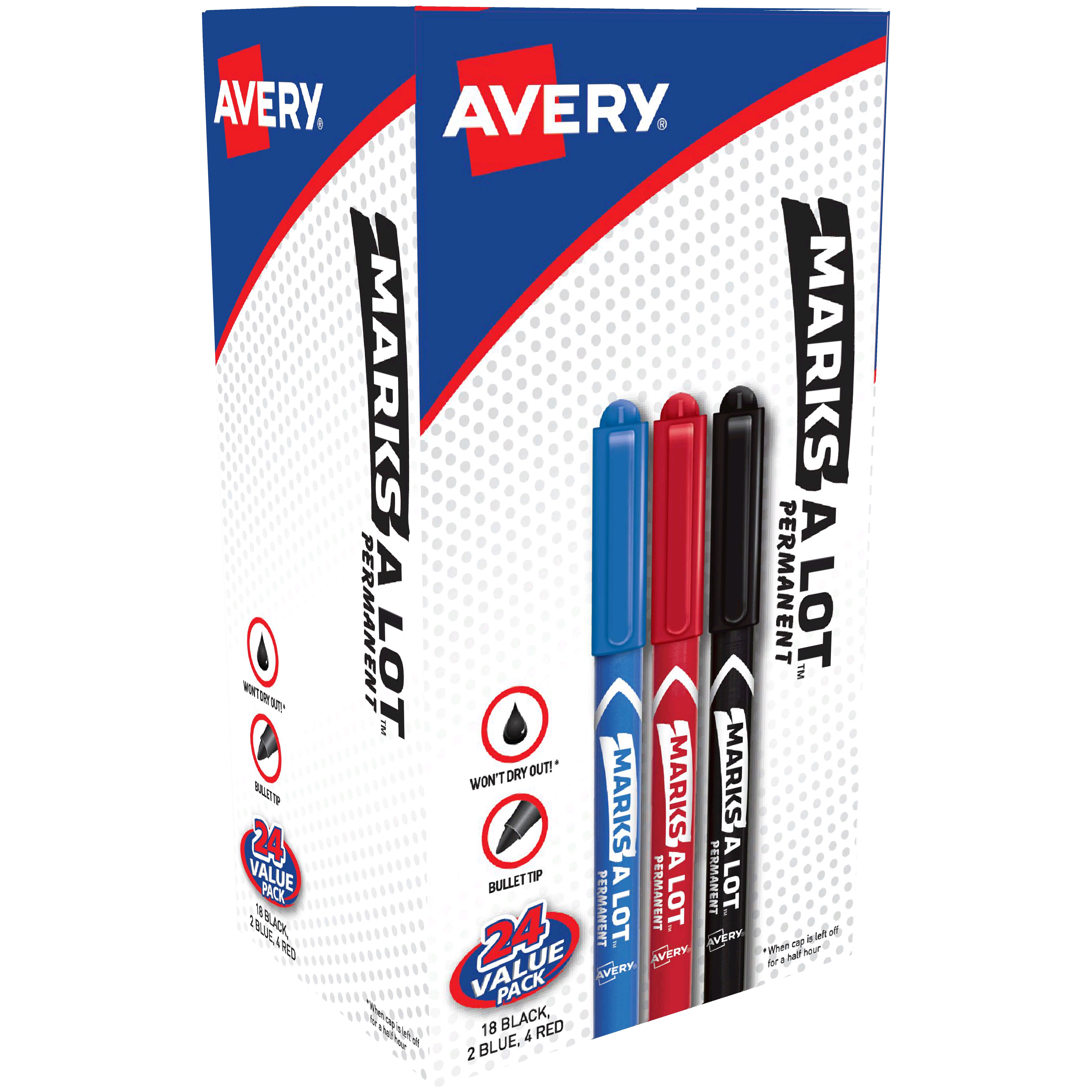 Avery Marks A Lot Permanent Markers, Pen-Style Size, Bullet Tip, 24 ...