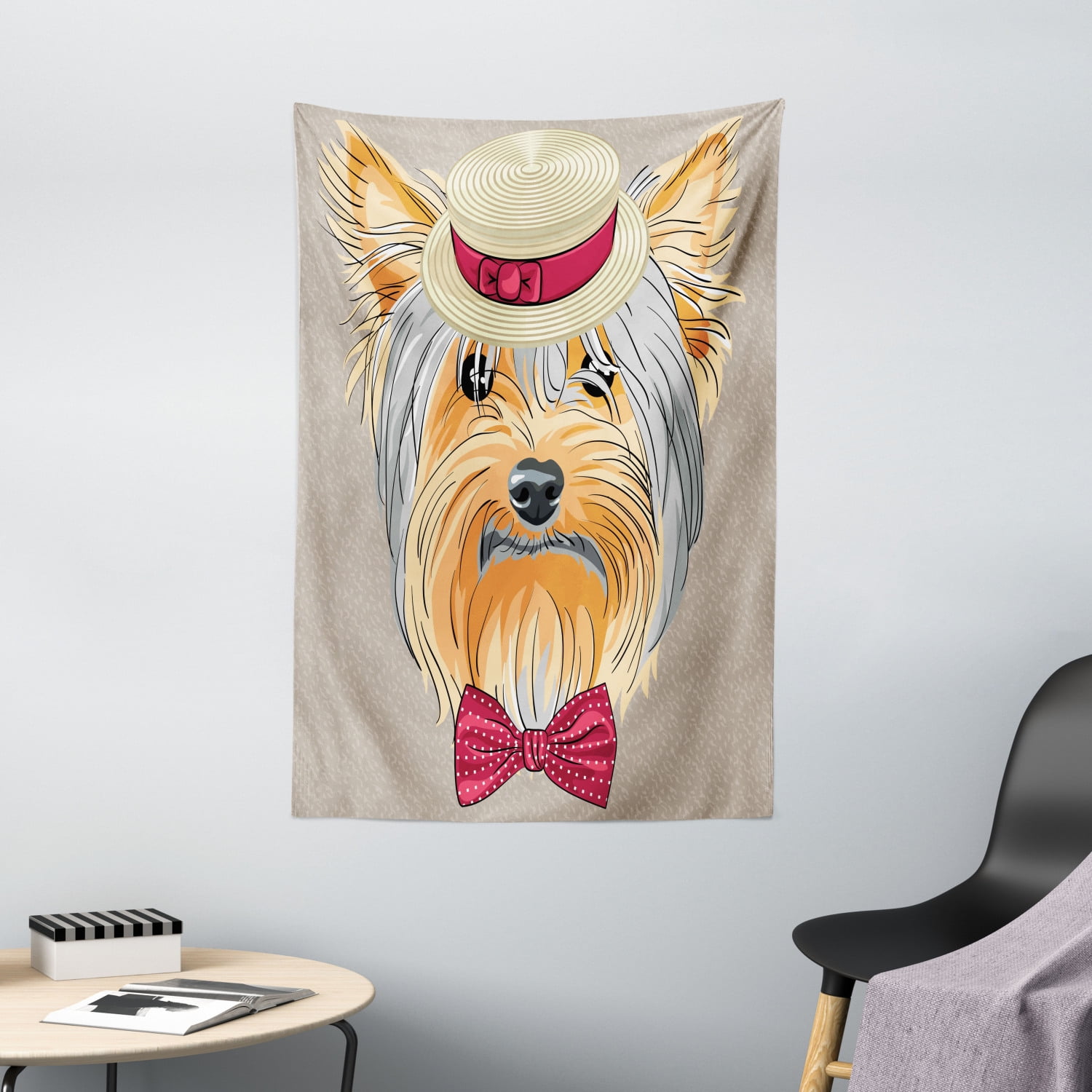 Yorkie Tapestry, Hipster Yorkie with Cute Straw Boater and Bow Tie Hand ...