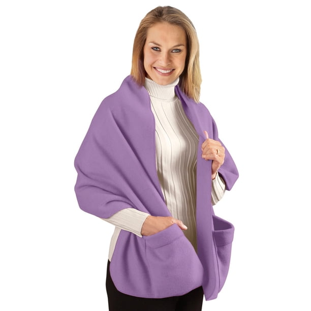 Collections Etc Cozy Fleece Wrap Shawl With Large Front Pockets - Keeps ...
